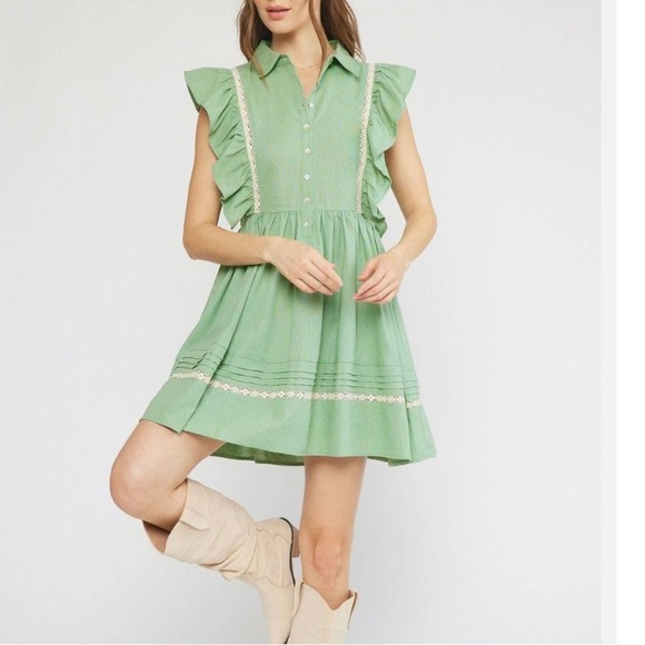 entro | Dresses | Nwt Green Lace Ruffle Button Collar Dress | Poshmark